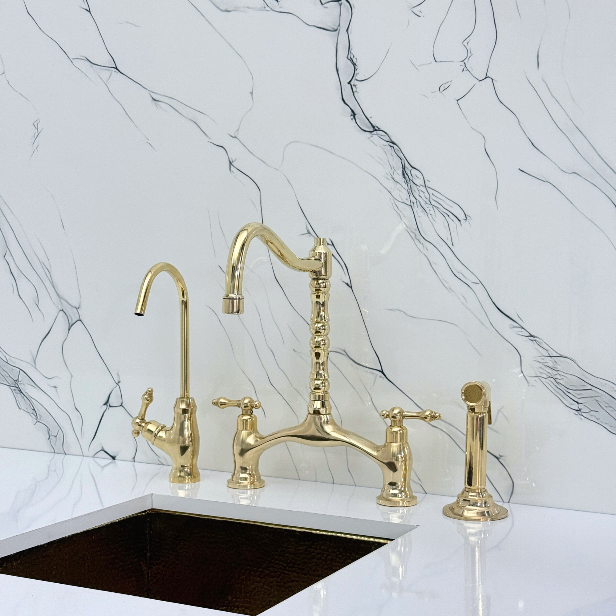 Unlacquered Brass Victorian Bridge Kitchen Faucet with Sprayer, Drinki ...